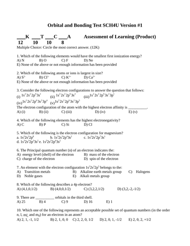 Orbital and Bonding Test Package Bundle Grade 12 Chemistry (17 ...