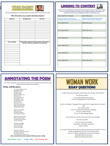 Woman Work - Maya Angelou - Comprehension Activities Booklet ...