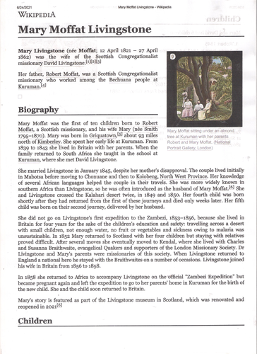 Mary Moffat Livingstone (1821-1862) | Teaching Resources