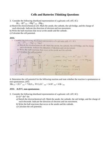 ELECTROCHEMISTRY UNIT Short Answer Grade 12 Chemistry Galvanic Cells ...