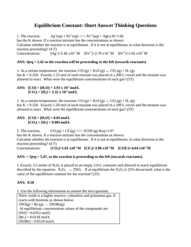 Keq, Kp, Kc EQUILIBRIUM SHORT ANSWER Grade 12 Chemistry Short Answer ...