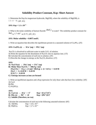 Keq, Kc, Kp CHEMICAL EQUILIBRIA UNIT Short Answer Grade 12 Chemistry ...