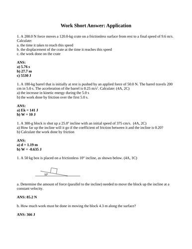 WORK AND ENERGY UNIT Short Answer & Multiple Choice Grade 11 Physics ...