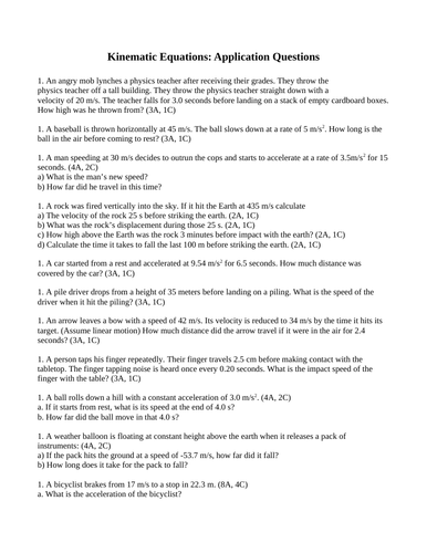 Kinematic Equations And Acceleration Multiple Choice And Short Answer