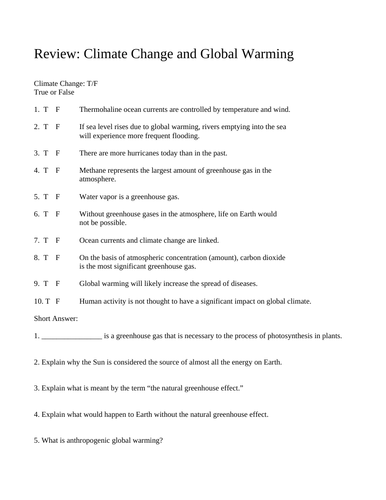 CLIMATE CHANGE, WEATHER, GREENHOUSE EFFECT Multiple Choice and Short ...