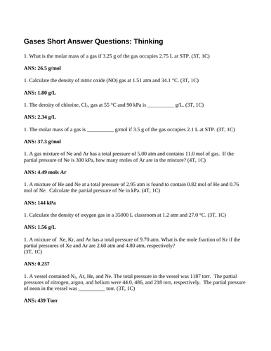 GASES SHORT ANSWER Gas laws, Calculating gas molar mass & density ...