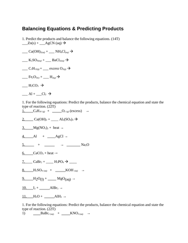 PREDICTING PRODUCTS BALANCING CHEMICAL EQUATIONS Short Answer Grade 11 ...