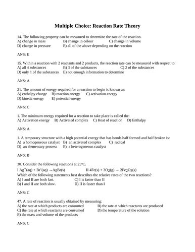 REACTION RATE THEORY Multiple Choice Grade 12 Chemistry WITH ANSWERS ...