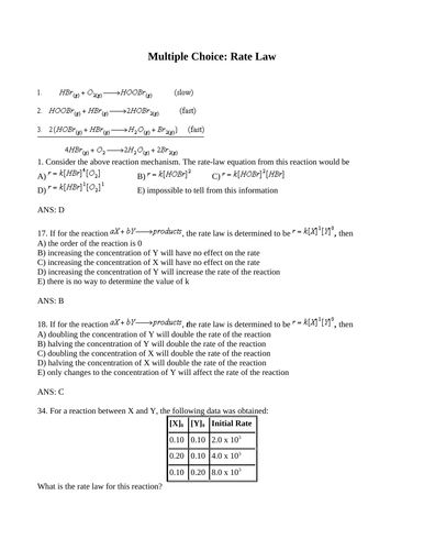 RATE LAW and REACTION ORDER Multiple Choice Grade 12 Chemistry WITH ...