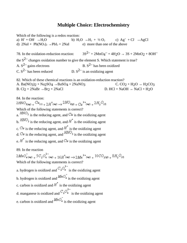 Electrochemistry, Redox Reactions, Oxidation Numbers Multiple Choice ...