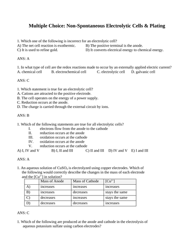 (300 PGS) Equilibria Unit and Electrochemistry Unit Multiple Choice ...
