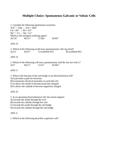 ELECTROCHEMISTRY UNIT Multiple Choice Grade 12 Chemistry WITH ANSWERS ...