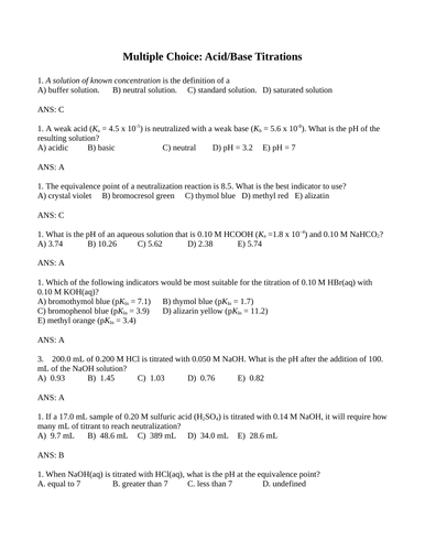 EQUILIBRIA UNIT Multiple Choice Grade 12 Chemistry WITH ANSWERS (182 ...