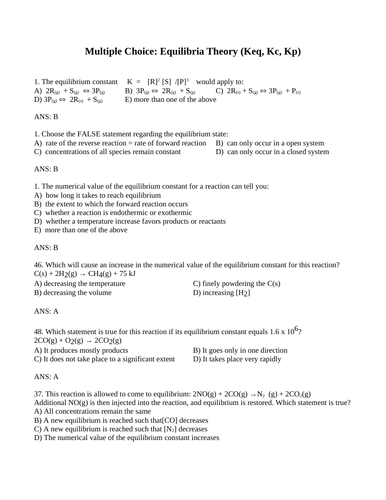 EQUILIBRIUM CONSTANT Kc, Keq, Kp Multiple Choice and Short Answer (31 ...