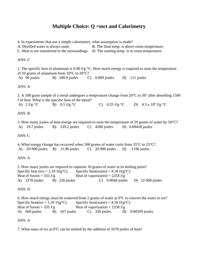 Q = mct and CALORIMETRY Power Point, Multiple Choice and Short Answer ...
