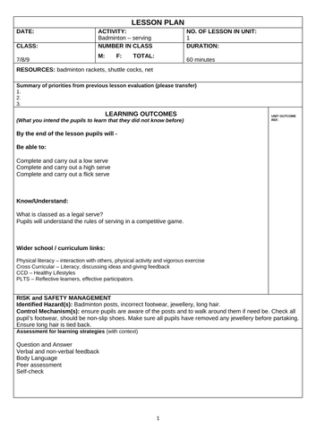 Badminton Lesson Plan - 1 - the Serve KS3 | Teaching Resources