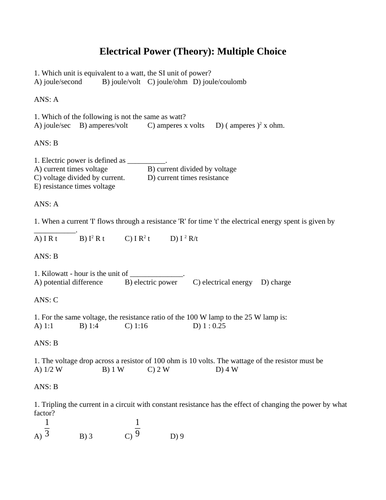 MULTIPLE CHOICE ELECTRICITY UNIT Multiple Choice Grade 11 Physics WITH ...