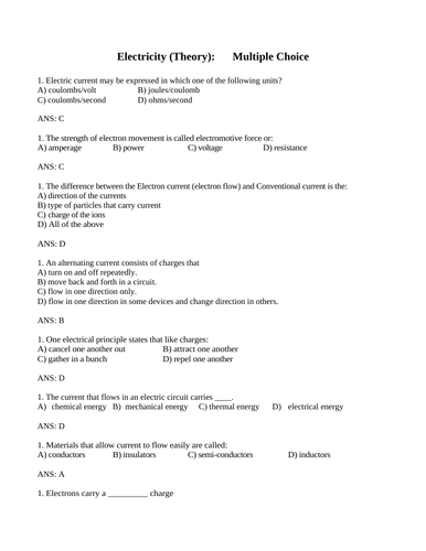 MULTIPLE CHOICE ELECTRICITY UNIT Multiple Choice Grade 11 Physics (96 ...