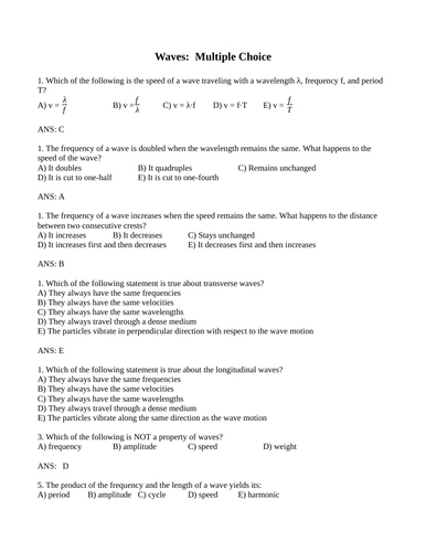 Wave Period Frequency, Amplitude, Velocity, WAVES MULTIPLE CHOICE Grade ...