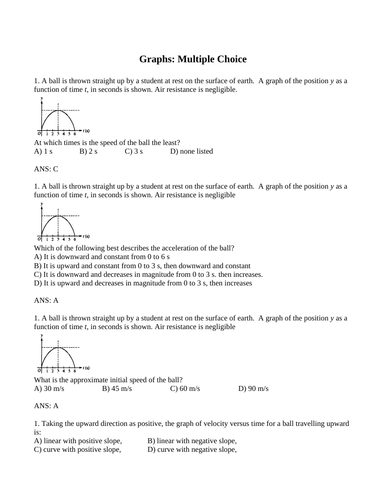GRAPHS Position Time and Velocity Time Multiple Choice & Short Answer ...