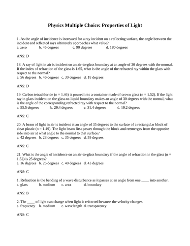 LIGHT PROPERTIES, Snell's Law, Refraction, Reflection, Physics Unit ...