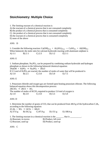 STOICHIOMETRY multiple choice questions and short answer questions (60 ...