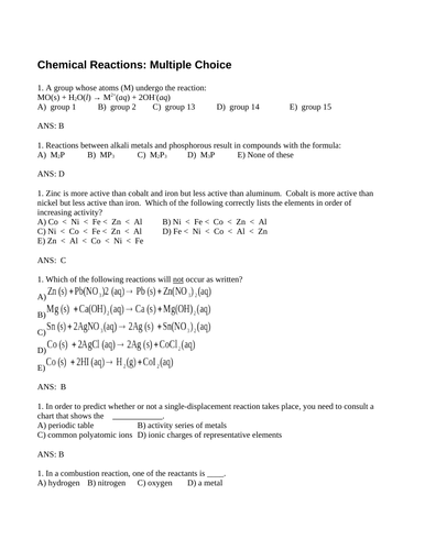 PREDICTING THE PRODUCTS OF CHEMICAL REACTIONS Multiple Choice and Short ...