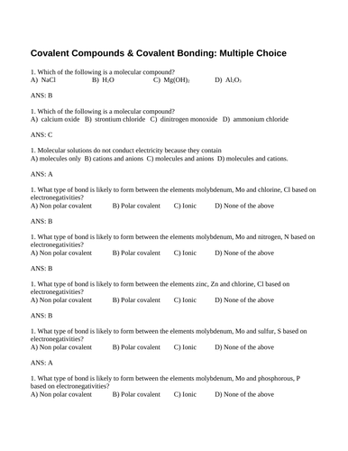 MATTER AND BONDING UNIT MULTIPLE CHOICE Grade 11 Chemistry WITH ANSWERS ...
