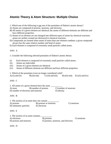 MATTER AND BONDING UNIT MULTIPLE CHOICE Grade 11 Chemistry WITH ANSWERS ...
