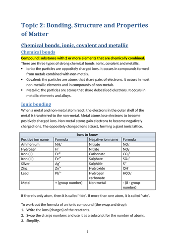 AQA GCSE 9-1 Chemistry Notes: Bonding, Structure and Properties of ...