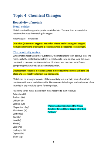 AQA GCSE 9-1 Chemistry Notes: Chemical Changes | Teaching Resources