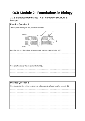 OCR A Level Biology 2.1.5 Biological Membranes WORKBOOK and QUESTIONS ...