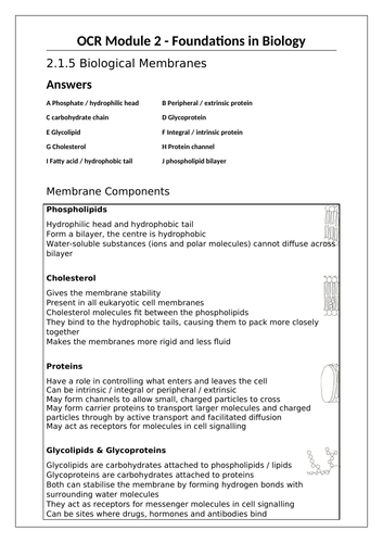 OCR A Level Biology 2.1.5 Biological Membranes WORKBOOK and QUESTIONS ...