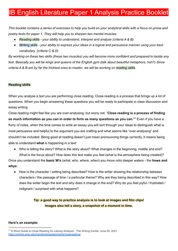 IB English Literature Paper 1 Practice Booklet | Teaching Resources