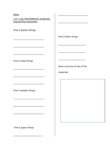 Worksheet for a material hunt around the classroom. Suitable for Year 1 ...