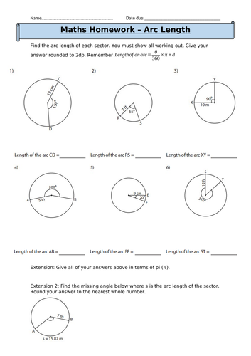 Arc Length Homework Sheet | Teaching Resources