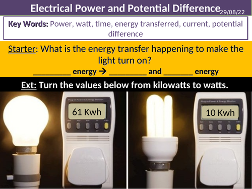 Electrical Power and Potential Difference | Teaching Resources