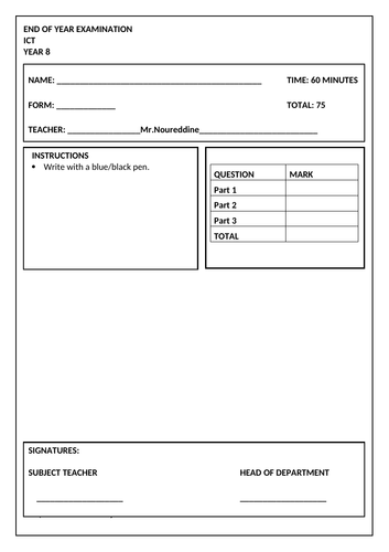 ICT -YEAR 8- END OF YEAR EXAMINATION and EoY Revision ( MS Word ...