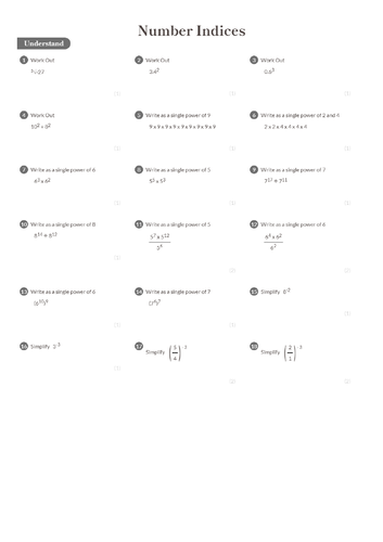 Number Indices Worksheet + Answers (Foundation GCSE) | Teaching Resources