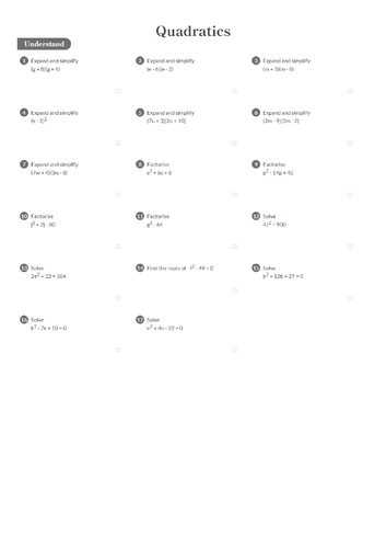 Quadratics Worksheet Answers Foundation Gcse Teaching Resources