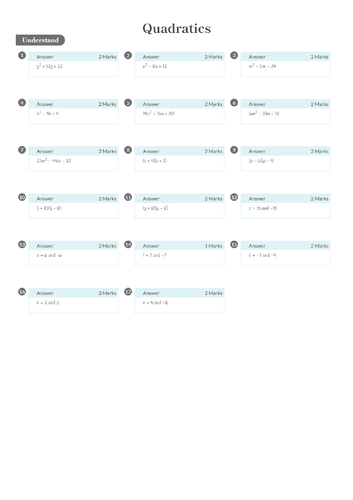 Quadratics Worksheet Answers Foundation Gcse Teaching Resources