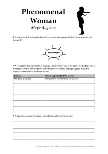 Phenomenal Woman - Maya Angelou - Worksheets | Teaching Resources