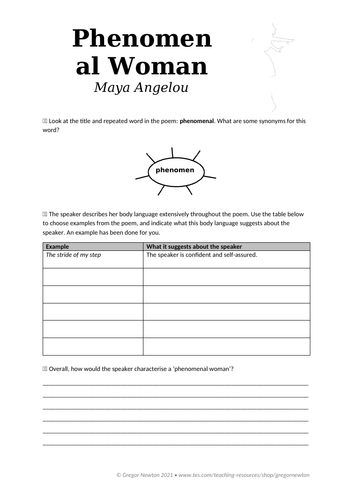 Phenomenal Woman - Maya Angelou - Worksheets | Teaching Resources
