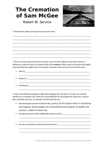 The Cremation of Sam McGee - Worksheet | Teaching Resources