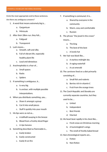 Upper KS2 or KS3 Vocabulary similes verbal reasoning worksheet ...