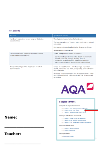 AQA Living World; PART 2 Hot Deserts; Thar Desert | Teaching Resources