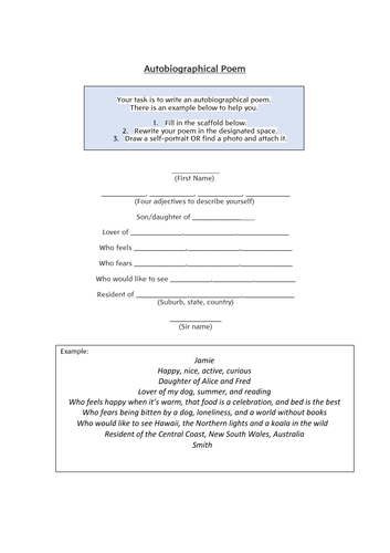 Autobiographical Poem Scaffold | Teaching Resources