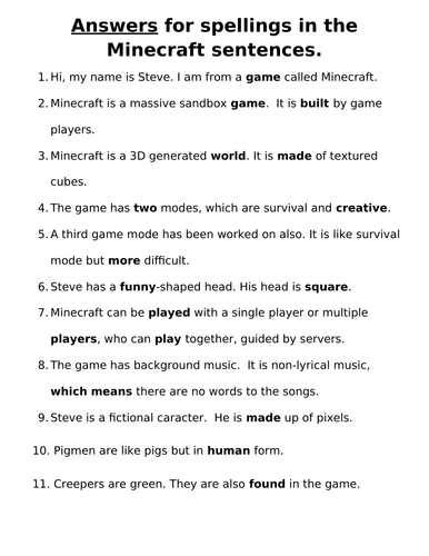 Minecraft sentences spelling activities with pronouns for higher ...