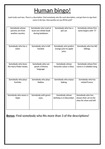 Human bingo Diversity citizenship PSHE start of year end of year ice ...