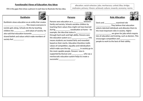 Edquas GCSE 9-1 Sociology: Education: Functionalist view worksheet ...